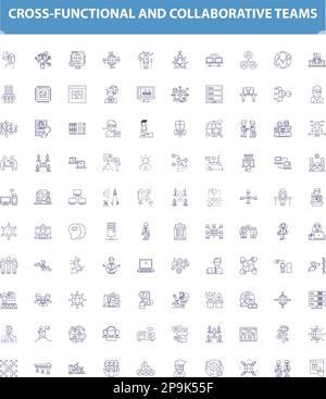 Cross-functional and collaborative teams line icons signs set. Design ...