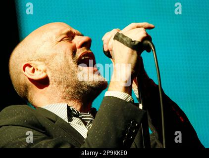 REM frontman Michael Stipe performs live on stage at the Hammersmith ...