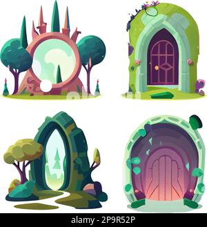 Magic gate portal door ui futuristic game cartoon set. Green and blue teleport frame to ...