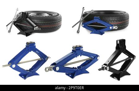 Set with scissor jacks, cross torque wrenches and wheels on white ...