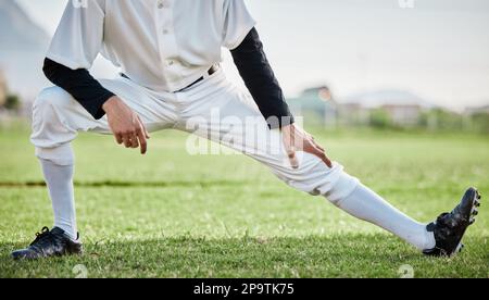 Baseball stadium, stretching legs or man on field ready for training ...