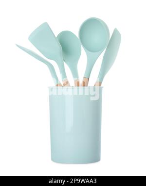 Set of kitchen utensils on turquoise background Stock Photo - Alamy