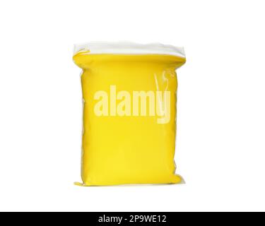 Package of yellow play dough isolated on white, top view Stock Photo ...