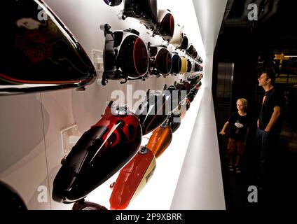 Harley Davidson gas tanks on display at the Harley Davidson Museum in ...