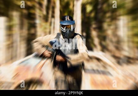 Soldier, paintball and running with gun for intense battle or war in ...