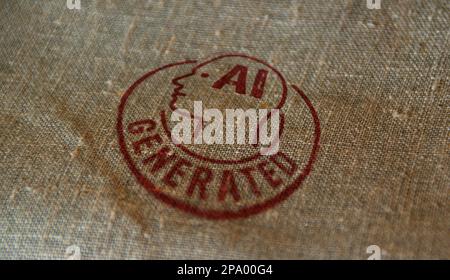 AI generated stamp printed on linen sack. Artificial intelligence ...