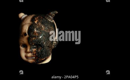 banner with scary Isolated spooky possessed baby girl doll head creepy ...