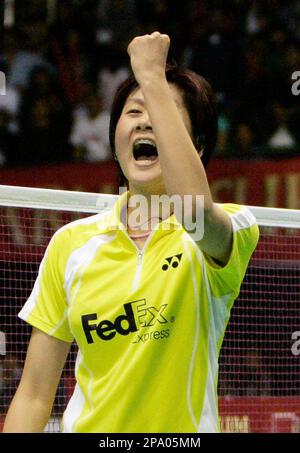Indonesia's Maria Kristin reacts after defeating Hong Kong's Pui Yin ...