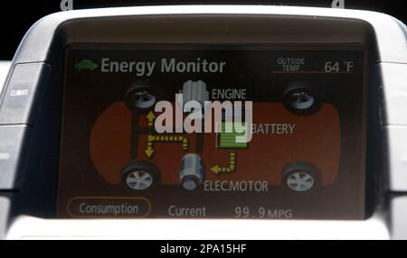 Energy monitor in Toyota Prius petrol electric hybrid car Stock Photo ...