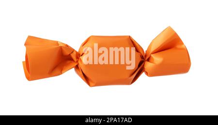 Delicious candy in orange wrapper isolated on white Stock Photo - Alamy