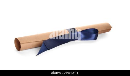 Rolled student's diploma with blue ribbon on white background Stock ...