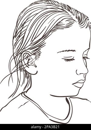 Head of beautiful young girl with downcast eyes, Vector sketch Hand ...