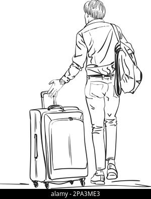 Vector sketch of man traveler with suitcase view from back, Travel ...