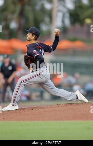 Minnesota Twins starting pitcher Joe Ryan delivers against the Cleveland Guardians during the ...