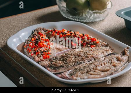 Raw fishes and vegetables on stone background, healthy food Stock Photo ...