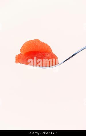 A single segment of grapefruit on a fork for ready to eat against a ...