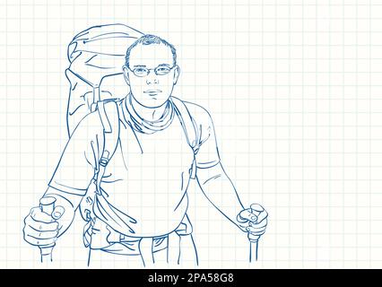 Trekking man with big backpack, Blue pen sketch on square grid notebook ...