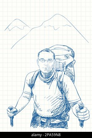 Trekking man with big backpack, Blue pen sketch on square grid notebook ...