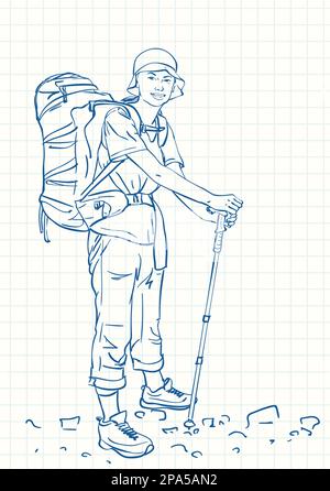 Trekking woman with big backpack, Blue pen sketch on square grid ...