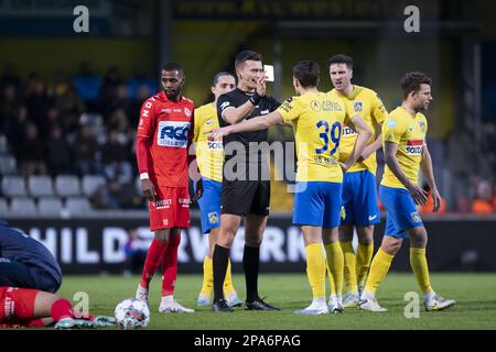 Referee Wesli De Cremer and Westerlo's Yusuke Matsuo pictured after a soccer match between KVC ...