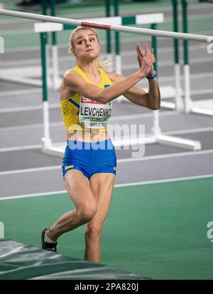 Yuliia Levchenko of Ukraine competing in the women’s high jump final at ...
