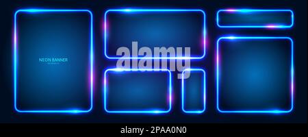 Neon frames with rounded edges with glow effects, highlights on a dark ...