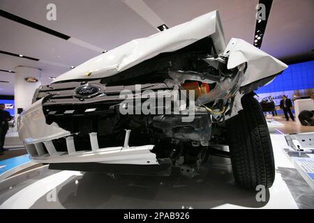 a 2008 ford taurus crash test vehicle is displayed at the new york ...