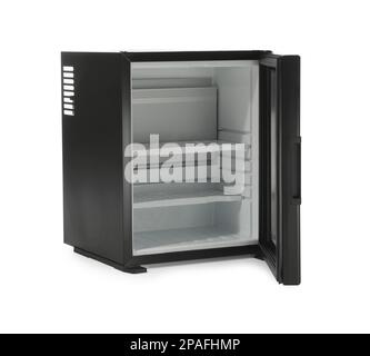 Empty mini bar with open glass door isolated on white Stock Photo - Alamy