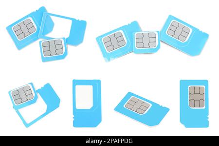 Set with light blue SIM cards on white background. Banner design Stock ...
