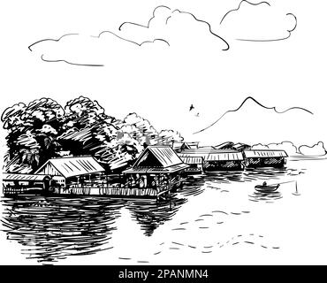 Sketch of river landscape in Southeast Asia with village, jungle and ...