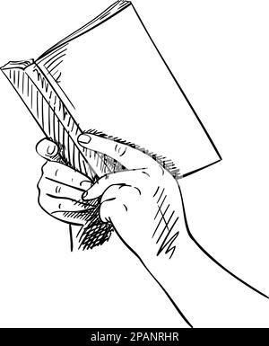 Sketch of hands holding open book with blank cover mockup, Hand drawn ...
