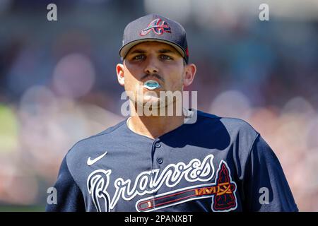 Atlanta Braves third baseman Austin Riley runs to first on a base hit ...