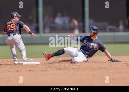 Atlanta Braves center fielder Eli White chases after an RBI double hit ...