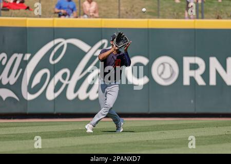 Detroit Tigers left fielder Riley Greene catches a Baltimore Orioles ...