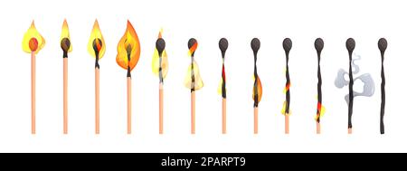 Burning match animation with fire flame burn sequence, vector cartoon ...