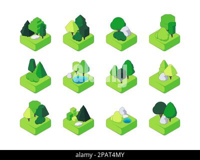 Isometric trees and bushes asset. Botanical shrubs and plants with foliage, nature constructor ...