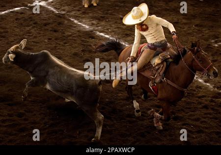 Mexican Charro Jose Luis Samperio performs the "death step" on the ...
