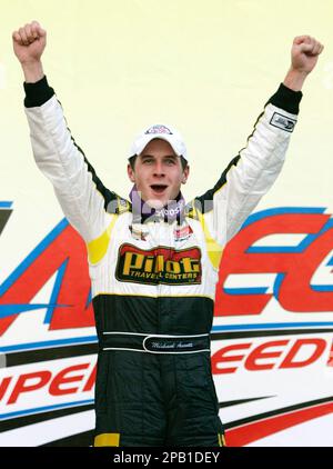 Michael Annett celebrates in Victory Lane following the ARCA 200 auto ...