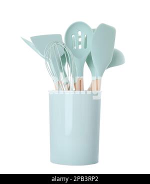 Set of kitchen utensils on turquoise background Stock Photo - Alamy