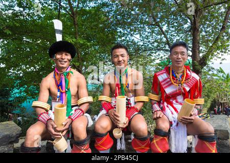 Naga tribesmen in traditional dress, Kisima Nagaland Hornbill Festival, Kohima, Nagaland, India ...