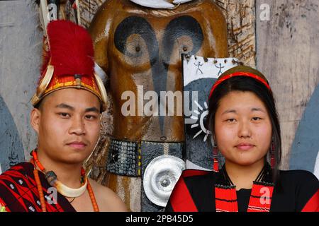 Pair of Naga tribesmen in traditional dress, Kisima Nagaland Hornbill Festival, Kohima, Nagaland ...