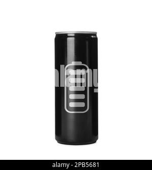Can of energy drink with picture of fully charged battery on white ...
