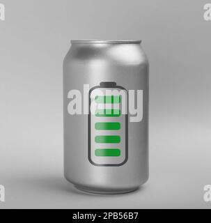 Can of energy drink with picture of fully charged battery on light grey ...