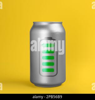Can of energy drink with picture of fully charged battery on light grey ...