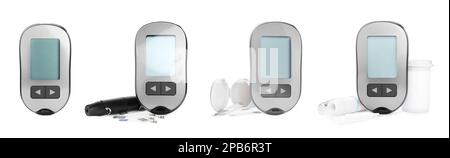 Set with digital glucometers, lancet pens and test strips on white ...