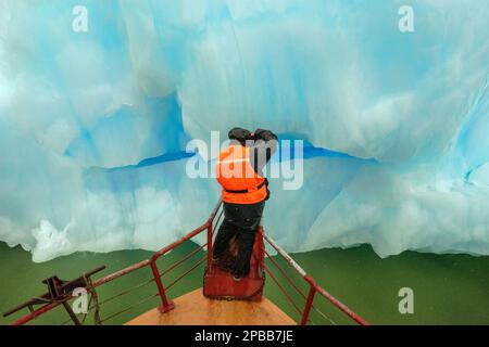 Blue iceberg and plankton filled green water, Jorge Montt Glacier ...