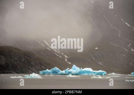 Waterfalls and icefloes, rainy day, Peninsula Videau near Glacier Jorge ...