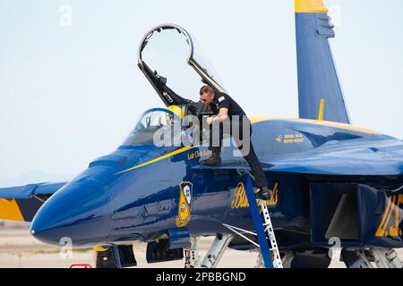 U.S. Navy Lt. Amanda Lee, a pilot for the Blue Angels, stands in front ...