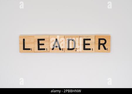 LEADER word wooden alphabet blocks on white background from top view ...