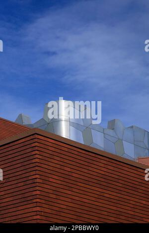 Detail from WJEC headquarters building. Metal clad building, Llandaff ...